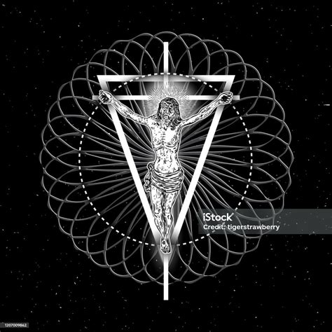 예수 신성한 기하학적 십자가 삼각형과 원 만다라에 공간에서 그리스도 십자가 플래시 바디 문신 기독교기도와 종교의 상징 개념 영적