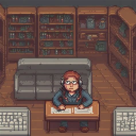 Pixel Art Of A Woman Working At Her Computer Desk Premium AI Generated Image