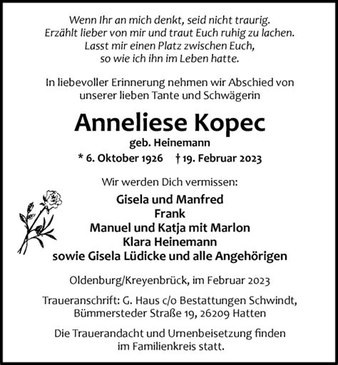 Traueranzeigen Von Anneliese Kopec Nordwest Trauerde