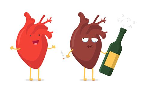 알코올 병과 흡연 담배와 강한 건강한 행복 만화 캐릭터슬픈 건강에 해로운 아픈 마음 벡터 만화 마스코트 비교 일러스트 술 마실 것에 대한 스톡 벡터 아트 및 기타 이미지
