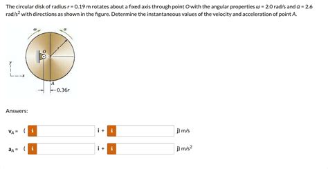 solved the circular disk of radius r 0 19 m rotates about a fixed axis through point o with