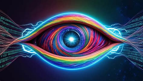 Human Iris Made Of Rainbow Colored Lines Surrounded By Binary Code And