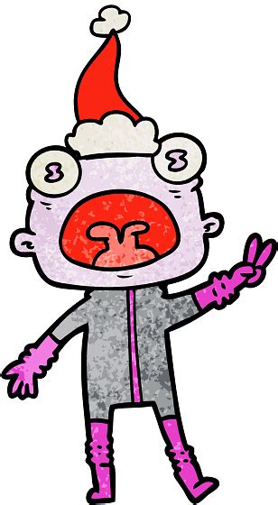 산타 모자를 쓰고 손을 흔드는 이상한 외계인의 손으로 그린 질감 만화 귀여운에 대한 스톡 벡터 아트 및 기타 이미지 귀여운 기이함 낙서 드로잉 Istock