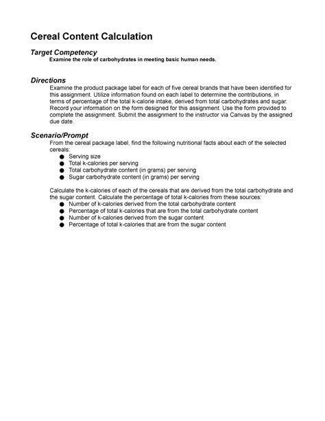 Cereal Carbohydrate Content Assignment Cereal Content Calculation Target Competency Examine