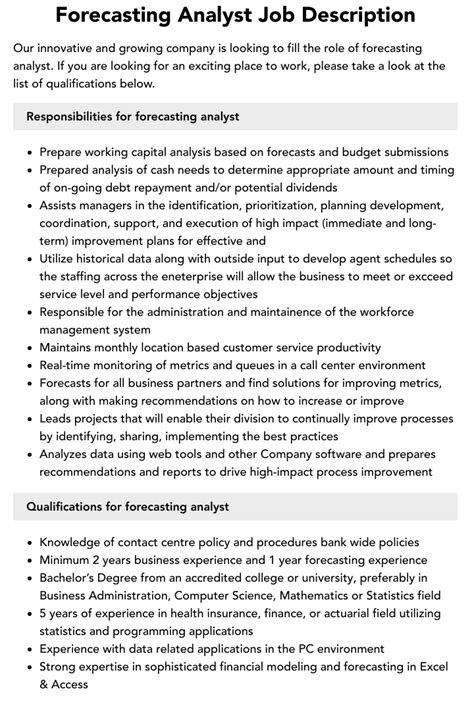 Forecasting Analyst Job Description Velvet Jobs