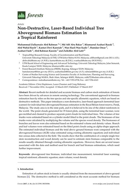 PDF Non Destructive Laser Based Individual Tree Aboveground Biomass Estimation In A Tropical