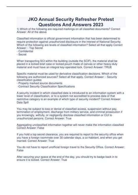 Jko Annual Security Refresher Pretest Questions And Answers 2023 Jko Annual Security Stuvia Us