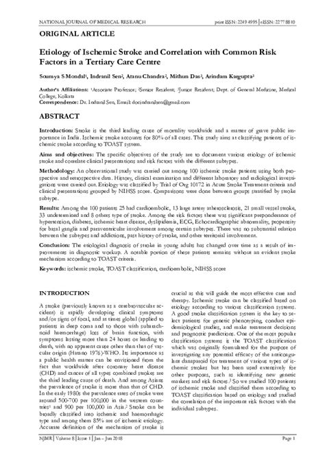 Pdf Etiology Of Ischemic Stroke And Correlation With Common Risk