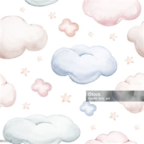 만화 구름 마법의 아기 곰 토끼 장난감 및 소가 있는 매끄러운 패턴 흰색 배경의 수채화 손으로 그린 그림 구름에 대한 스톡 벡터 아트 및 기타 이미지 Istock