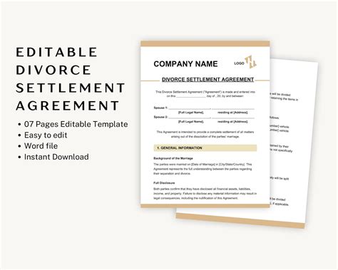 Editable Divorce Settlement Agreement Template Digital Download Etsy