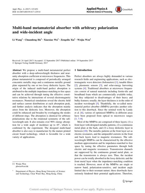 Multi Band Metamaterial Absorber With Arbitrary Polarization And Wide Incident Angle Request Pdf