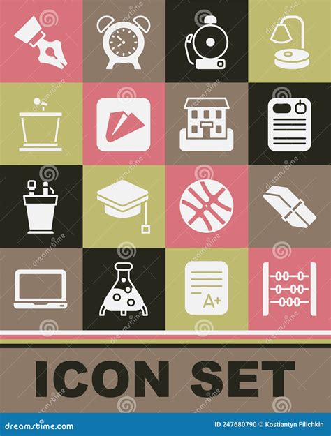 Set Abacus Eraser Or Rubber Dossier Folder Ringing Alarm Bell Paper Airplane Stage Stand