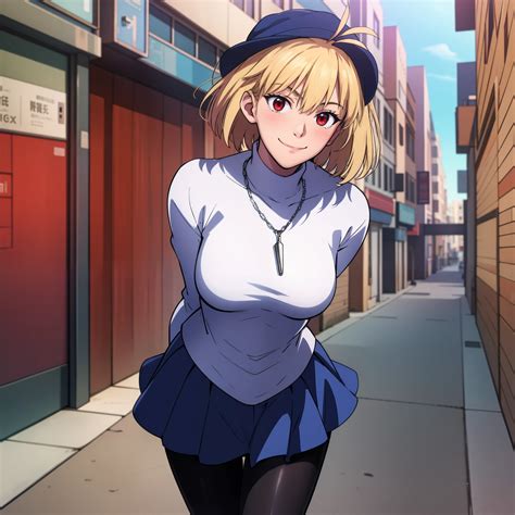 Anime Girl In A Blue Hat And White Shirt Walking Down A Street Seaart Ai