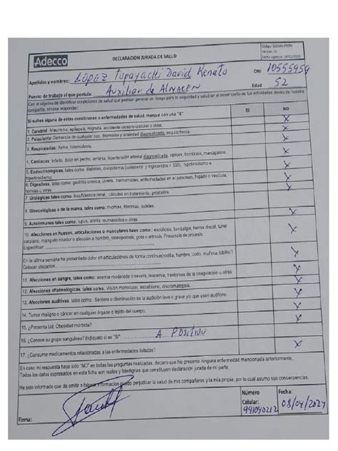 Declaración Jurada De Salud Pdf Declaración Jurada De Salud Pdf