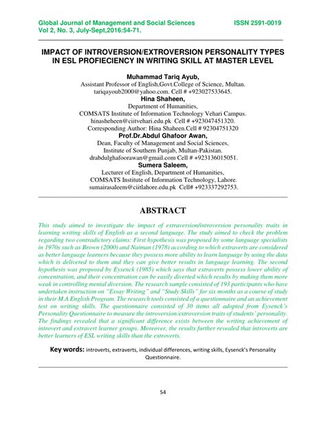 Pdf Global Journal Of Management And Social Sciences Impact Of Introversion Extroversion