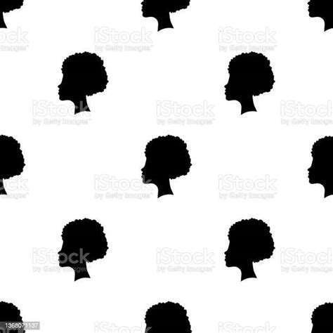 블랙 여성 실루엣 얼굴 프로필 비네팅 프로필에 아프로 여자 흰색 배경에 손으로 그린 벡터 원활한 패턴 초대장 인사말 카드 빈티지