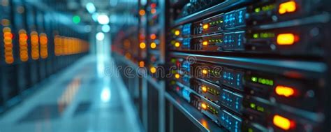 multiple rows of server racks in a busy data center showing