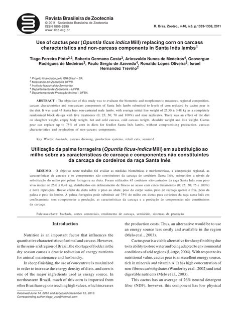 Pdf Use Of Cactus Pear Opuntia Ficus Indica Mill Replacing Corn On Carcass Characteristics