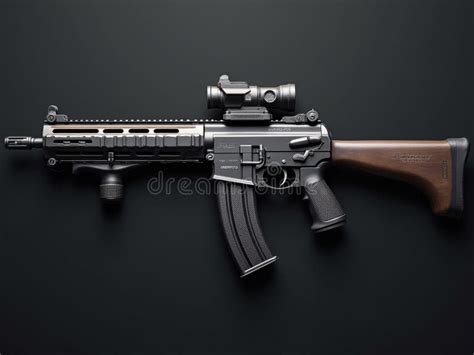 A Detailed View Of A Modern Assault Rifle Equipped With A Scope