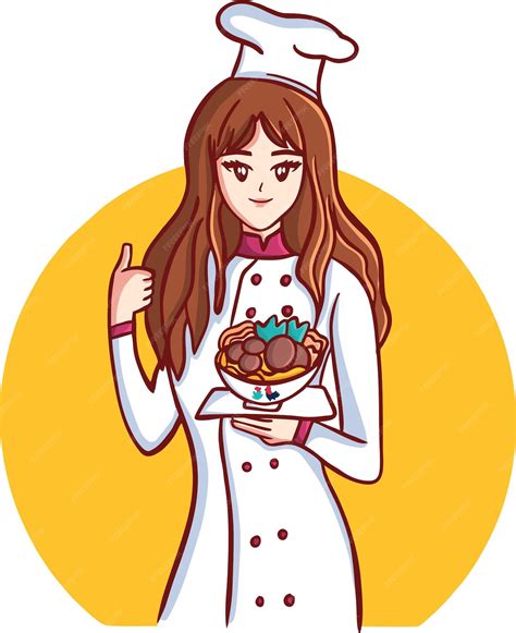 Premium Vector Cute Chef Girl Smiling In Uniform Mascots Cartoon Art Handdrawn Illustration