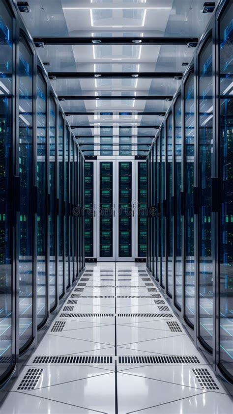 High Tech Data Center With Glass Server Cabinets Blue Lights Reflective Floor Stock