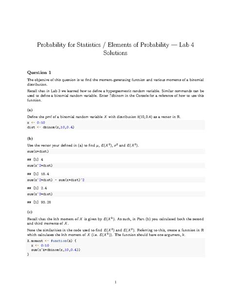 Lab Solutions Probability For Statistics Elements Of Probability Lab Solutions