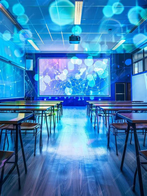 Empty Classroom With Projection Screen For Modern Education An Empty Classroom With Rows Of D