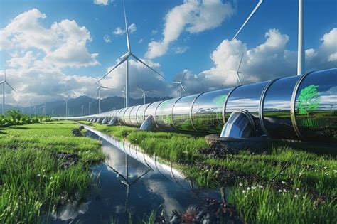 Green Hydrogen Production Concept With Wind Turbines Connected By A Hydrogen Pipeline Stock