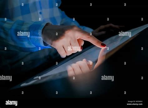 Woman Using Multimedia Touchscreen Display Of Interactive Kiosk Stock Photo Alamy