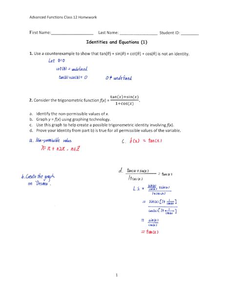 Class 12 Advanced Functions Hw Answer Key Advanced Functions Class 12 Homework First Name
