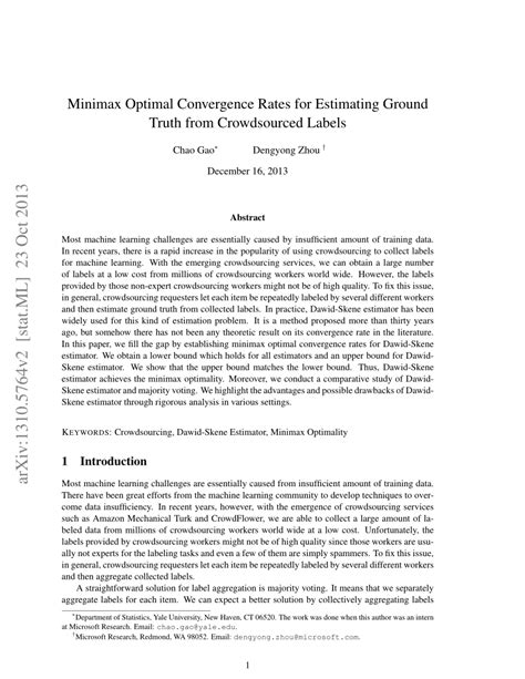 Pdf Minimax Optimal Convergence Rates For Estimating Ground Truth From Crowdsourced Labels