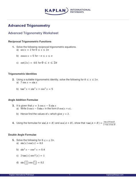 Advanced Trigonometry Worksheet Pdf