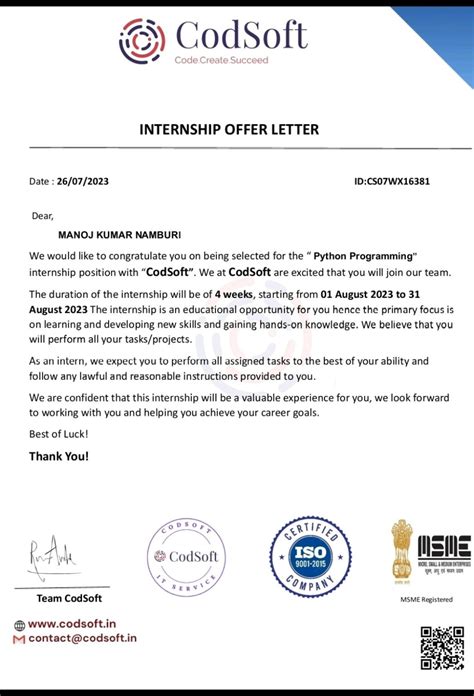manoj kumar on linkedin intern codsoft