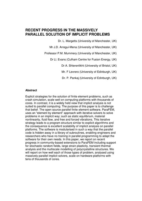 Pdf Recent Progress In The Massively Parallel Solution Of Implicit Problems