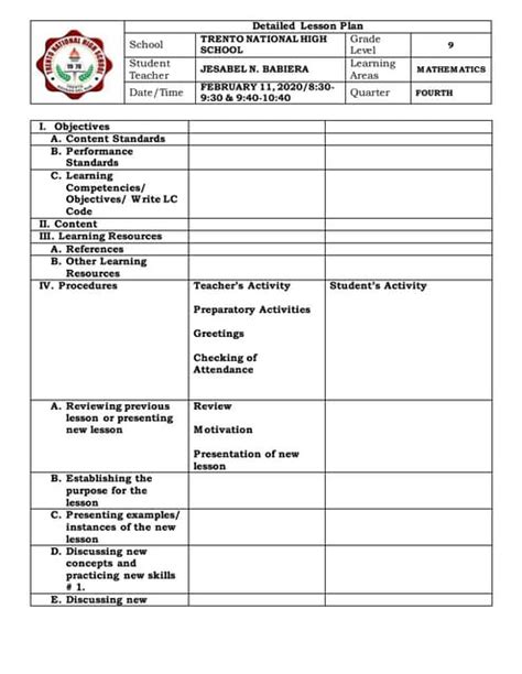 Detailed Lesson Plan In Mathematics Format Docx