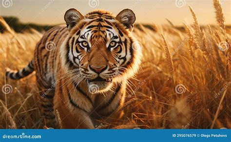 A Tiger Is Walking Through A Field Of Tall Brown Grass Generative Ai