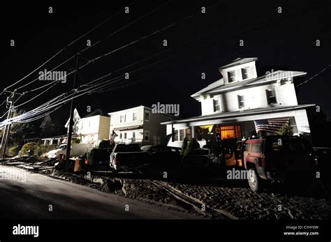 Nov 6 2012 Queens New York Us A Spotlight Illuminates A Block