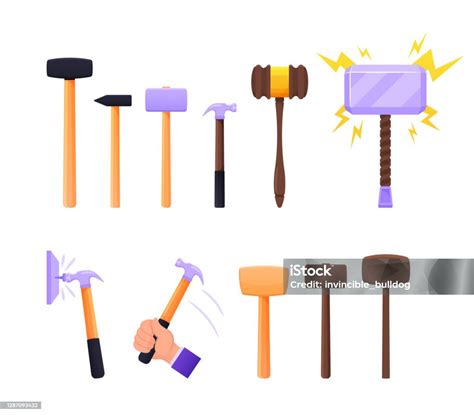 악기 썰매 망치 나무와 금속 토르 말렛의 세트 목수의 작업 도구 빌더는 강철 기지를 처리 망치에 대한 스톡 벡터 아트 및 기타 이미지 Istock
