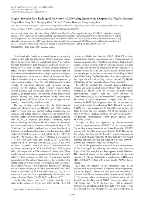 Pdf Highly Selective Dry Etching Of Gan Over Algan Using Inductively