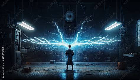 Back View Of An Inventor Electrical Researcher In A Laboratory With Extensive Space And A Flow