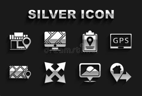 Set Road Traffic Sign Gps Device With Map Location House City Navigation Folded Location