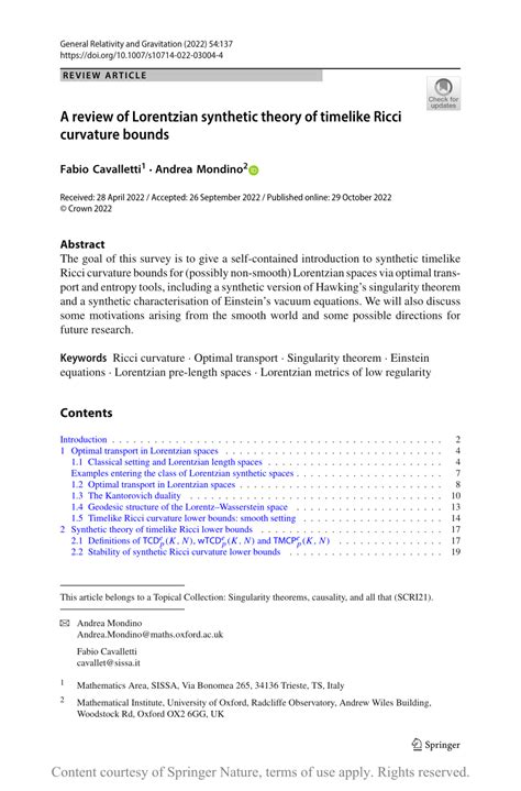 Pdf A Review Of Lorentzian Synthetic Theory Of Timelike Ricci Curvature Bounds