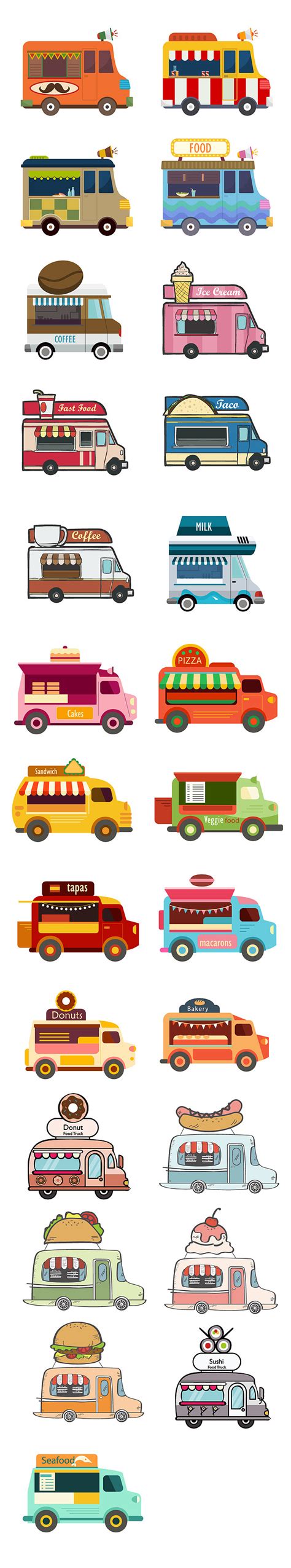 手绘丰富多彩的食品车快餐车矢量图素材