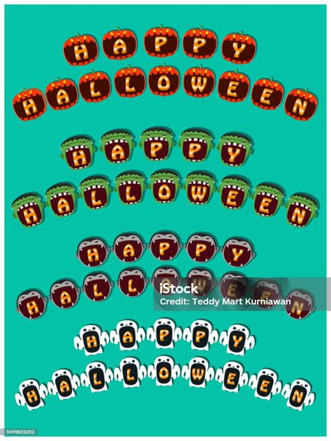 머리 괴물에 해피 할로윈 텍스트 배너 호박 프랑켄슈타인 드라큘라 고스트 헤드 디자인 개념에 대한 스톡 벡터 아트 및 기타 이미지
