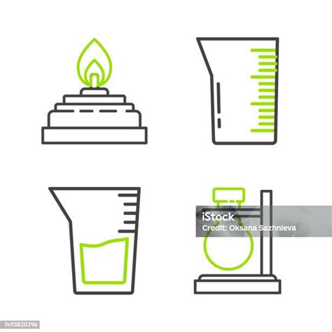 스탠드에 라인 시험관 플라스크 실험실 유리 제품 또는 비커 알코올 스피릿 버너 아이콘을 설정합니다 벡터 가열장치에 대한 스톡