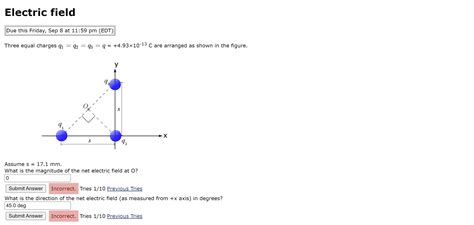 solved three equal charges q1 q2 q3 q 4 93×10−13c are