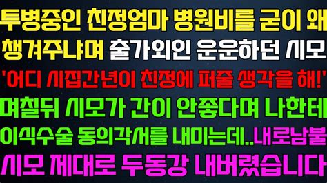 반전 신청사연 친정엄마 병원비를 왜 챙겨주냐며 막말하던 시모 얼마후 시모 건강이 나빠졌다며 봉양하라해서 반품하는데사연카페실화사연썰 Youtube
