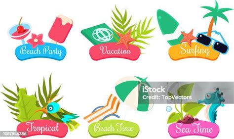 여름 여행 로고 템플릿 세트 비치 파티 휴가 서핑 열 대 해변 시간 바다 시간 밝은 레이블을 흰색 배경에 그림을 벡터 0명에 대한 스톡 벡터 아트 및 기타 이미지 Istock