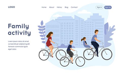 활성 가족 휴가 방문 페이지 개념입니다 아버지 어머니 아들과 딸이 도시 경관 을 배경으로 자전거를 타고 있습니다 플랫 스타일 벡터 일러스트레이션 가족에 대한 스톡 벡터 아트