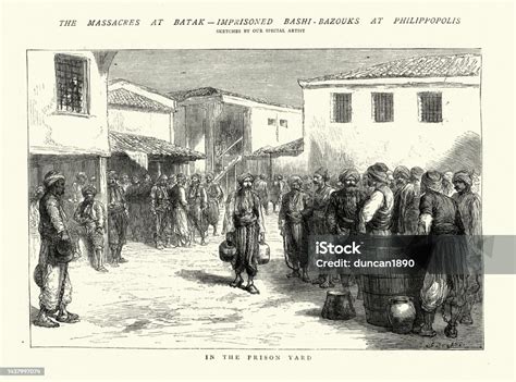 투옥된 바시바주크 바탁에서의 학살 필리포폴리스의 감옥 마당에 갇힌 죄수들 플로브디프 불가리아 빅토리아 시대 19세기 1870년대